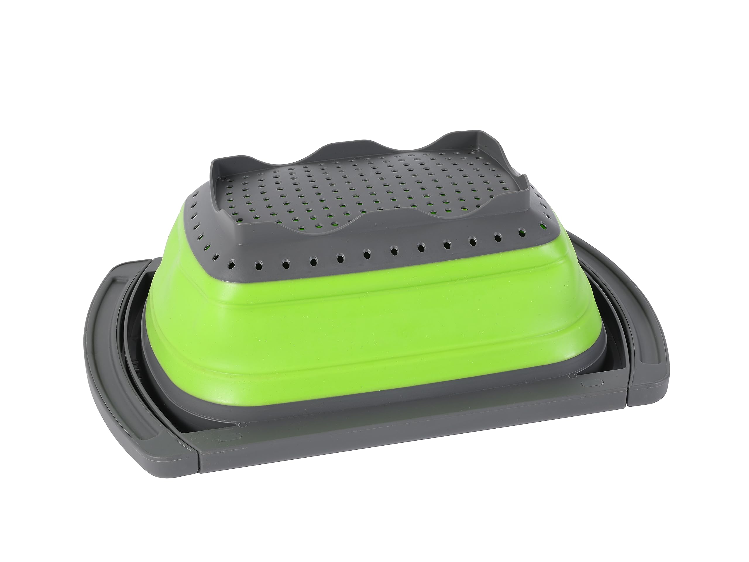 Collapsible Colander with Silicone Measuring Cups & Funnels for Filling Bottles, Food Strainers for Kitchen over the Sink with Extendable Handle (Green)