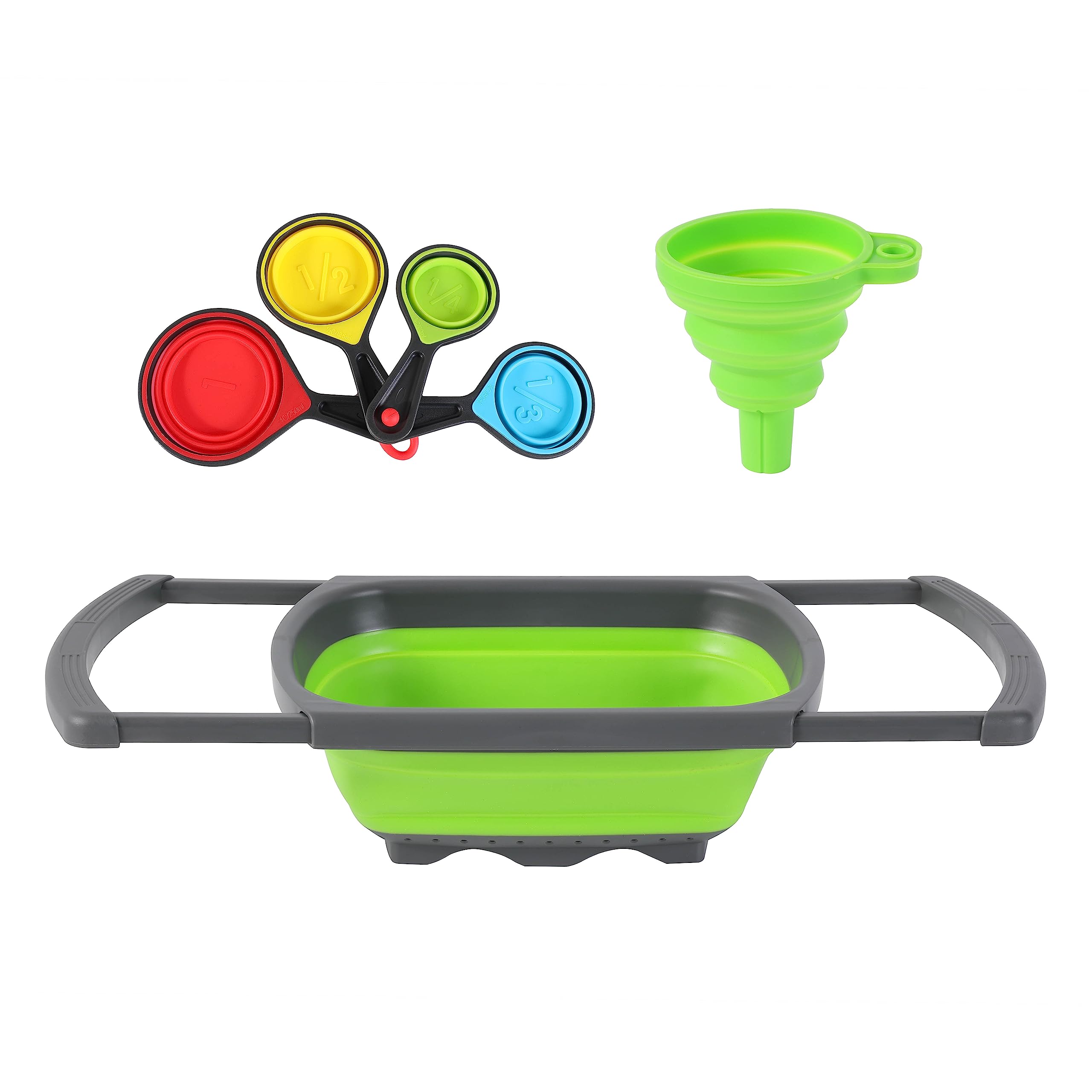Collapsible Colander with Silicone Measuring Cups & Funnels for Filling Bottles, Food Strainers for Kitchen over the Sink with Extendable Handle (Green)
