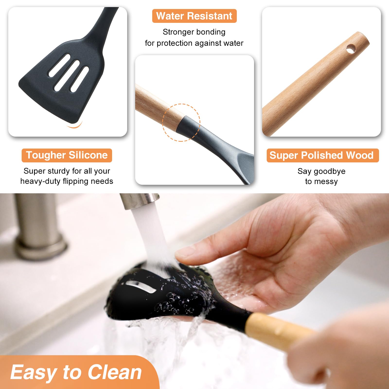 40 Pcs Cooking Utensils Set with Apron Silicone Turner Tong Spatula Spoon Kitchenware Organizer, BPA Free, Non-stick Heat Resistant Kitchen Gadgets Cookware with Natural Wooden Handle, Black