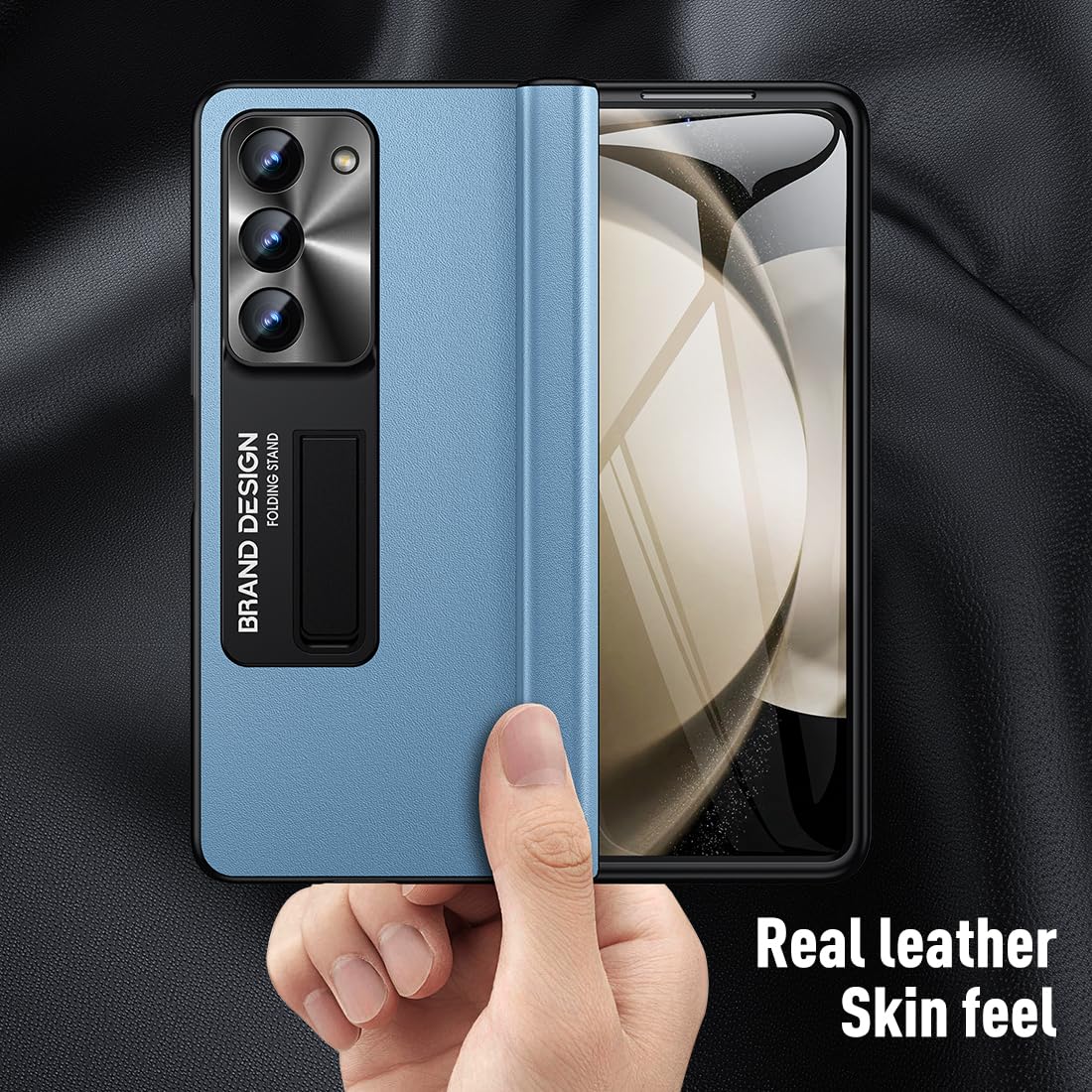 LEIAU for Samsung Galaxy Fold 5 Case: Luxury Genuine Leather case with Full Cover Hinge Protection & Screen Protector & Kickstand - Shockproof Protective Phone Case for Galaxy Z Fold 5 5G Blue