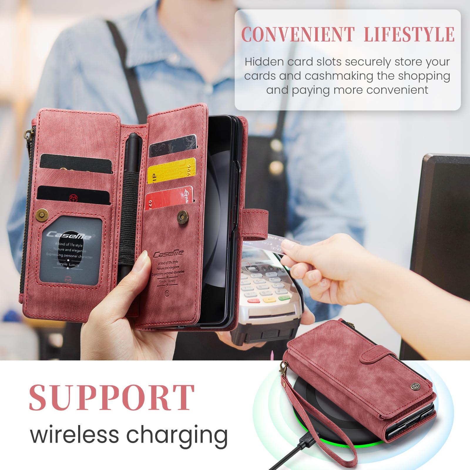 ANROD Wallet Case for Samsung-Galaxy-Z-Fold-5-5G,PU Leather Flip Magnetic Closure Shockproof Zipper Purse Cover for Samsung Galaxy Z Fold 5 5G,with Card Slots (Red)