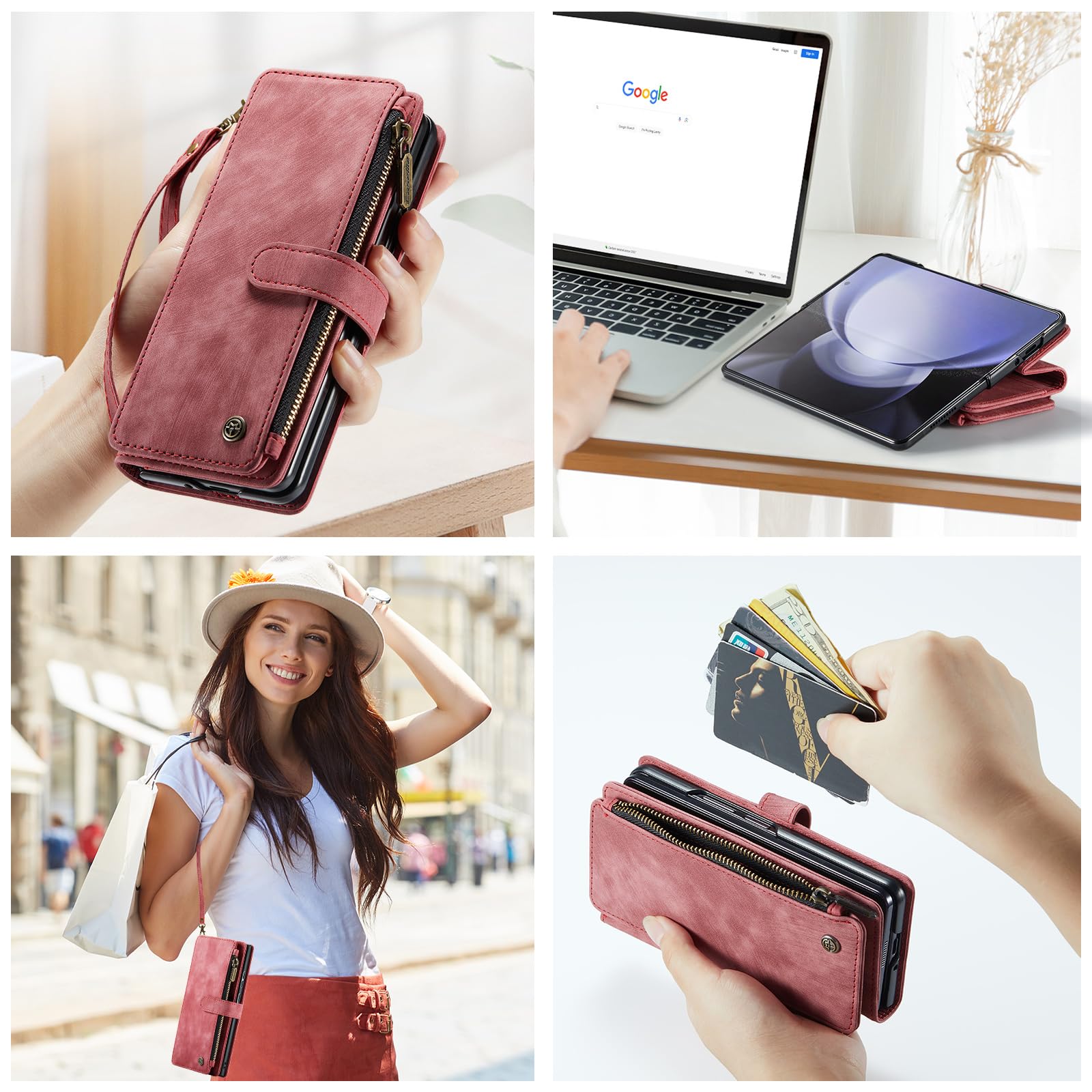 ANROD Wallet Case for Samsung-Galaxy-Z-Fold-5-5G,PU Leather Flip Magnetic Closure Shockproof Zipper Purse Cover for Samsung Galaxy Z Fold 5 5G,with Card Slots (Red)