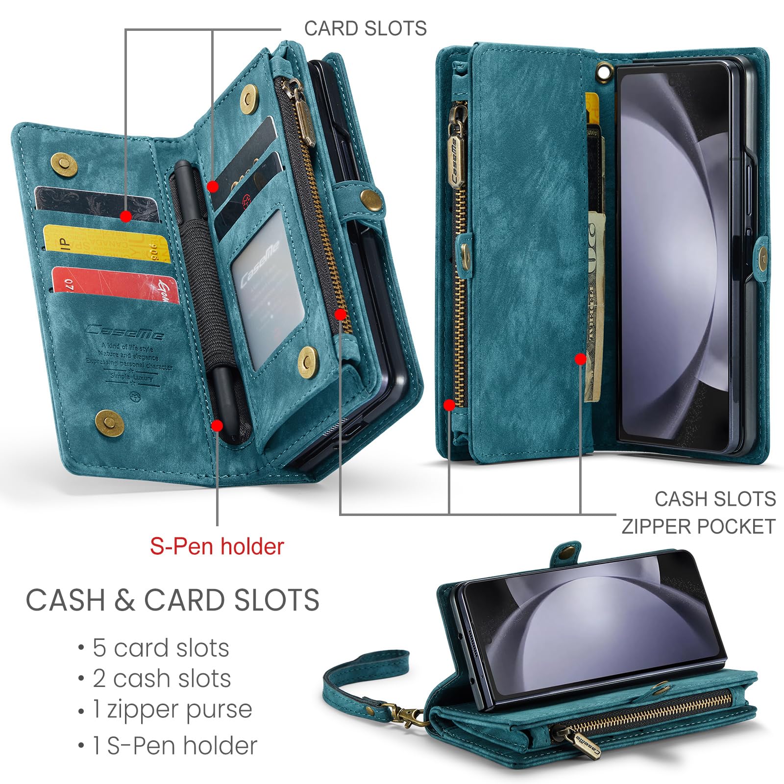 Kowauri for Samsung Galaxy Z Fold 5 Case,Zipper Purse Magnetic Folio Leather Wallet Case with S Pen Holder Wrist Strap Card Holder Shockproof Protective Cover for Samsung Galaxy Z Fold 5 5G (Blue)
