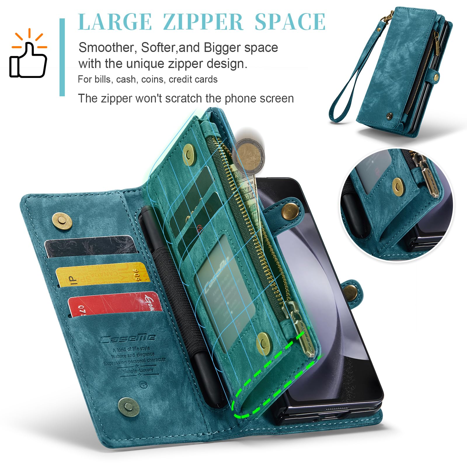 Kowauri for Samsung Galaxy Z Fold 5 Case,Zipper Purse Magnetic Folio Leather Wallet Case with S Pen Holder Wrist Strap Card Holder Shockproof Protective Cover for Samsung Galaxy Z Fold 5 5G (Blue)