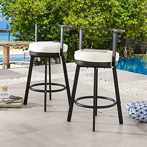 LOKATSE HOME 2 Piece Outdoor Swivel Bar Stools Patio Height Metal Chairs with Cushion, Beige
