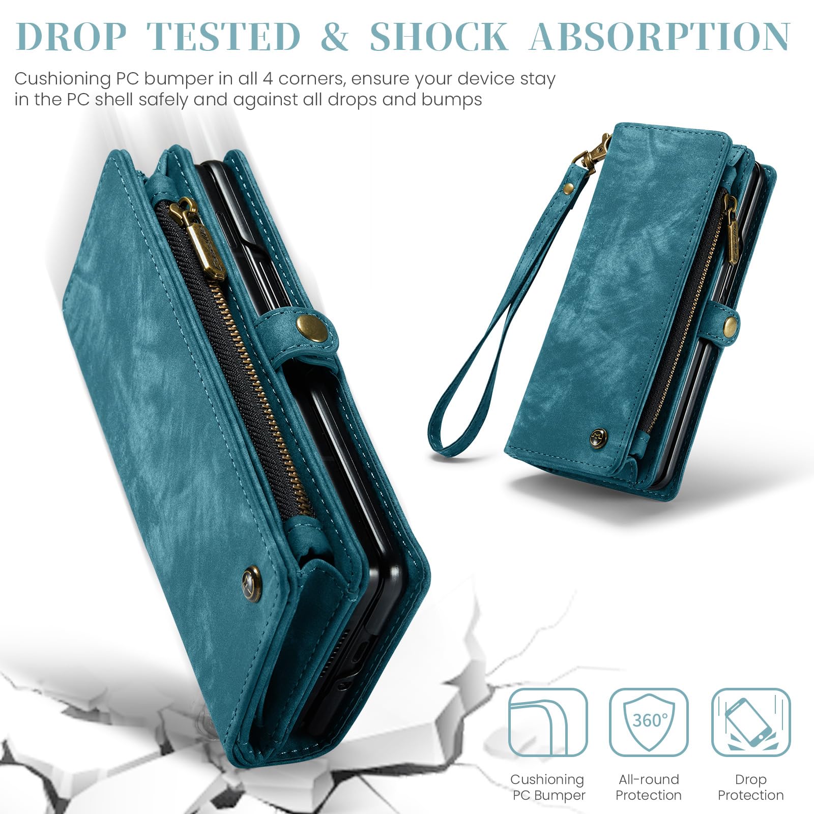 Kowauri for Samsung Galaxy Z Fold 5 Case,Zipper Purse Magnetic Folio Leather Wallet Case with S Pen Holder Wrist Strap Card Holder Shockproof Protective Cover for Samsung Galaxy Z Fold 5 5G (Blue)