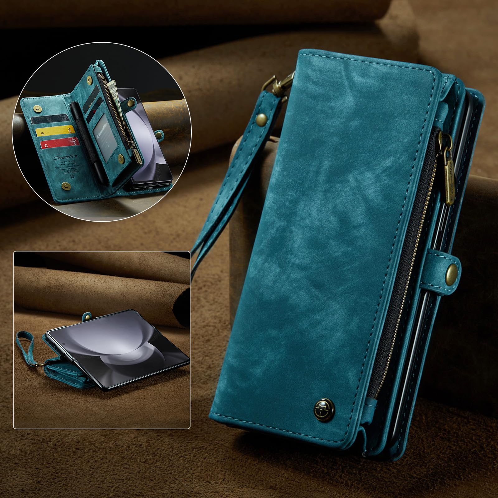 Kowauri for Samsung Galaxy Z Fold 5 Case,Zipper Purse Magnetic Folio Leather Wallet Case with S Pen Holder Wrist Strap Card Holder Shockproof Protective Cover for Samsung Galaxy Z Fold 5 5G (Blue)