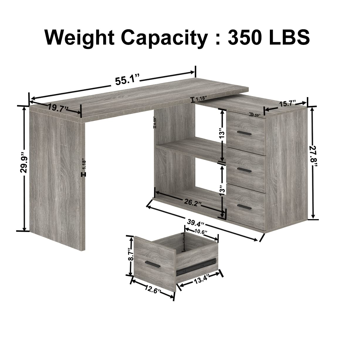HSH 360° Rotating L Shaped Computer Desk with 3 Drawers and 2 Shelves, Home Office Swivel Desk for Work Writing Study Gaming, Reversible Wood Corner Desk with Storage Cabinet, Light Grey Oak, 55 Inch