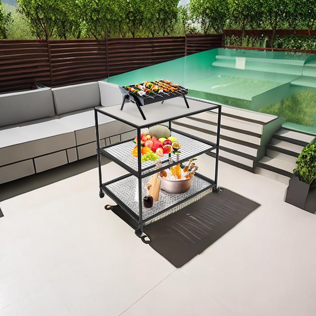 Outdoor Grill Dining Cart 3-Shelf Movable Dining Cart Adjustable Prep Cart Table Stand Storage Rack Shelves Kitchen Heavy Duty Grill Cart for Camping Lawn