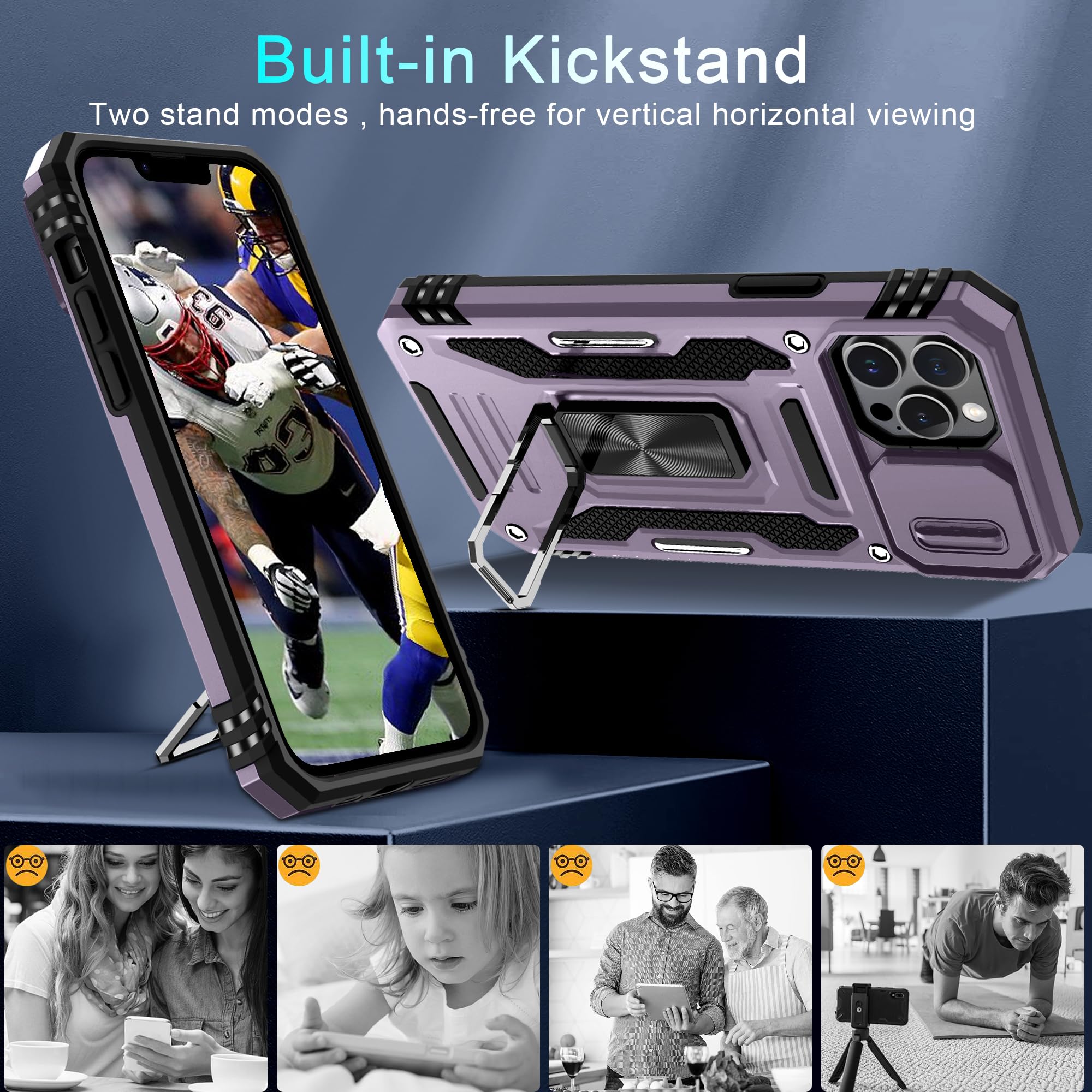 DEERLAMN Case for iPhone 13 Pro Max with Slide Camera Cover+Screen Protector(1 Pack),Rotated Ring Kickstand Military Grade Shockproof Protective Cover 6.7 Inch-Deep Purple