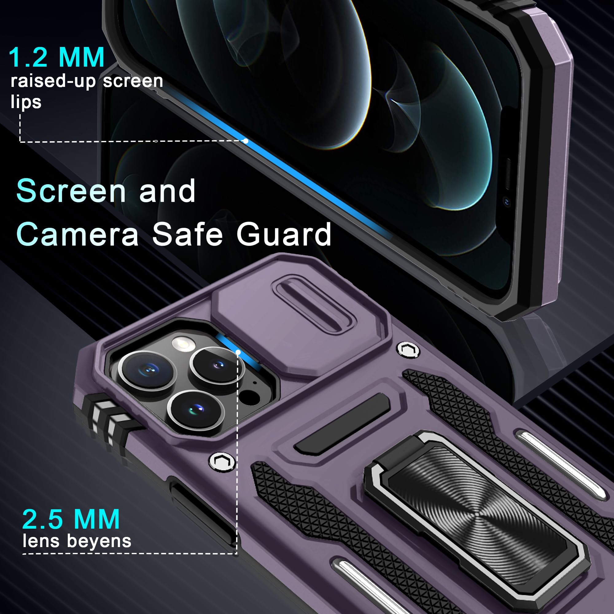 DEERLAMN Case for iPhone 13 Pro Max with Slide Camera Cover+Screen Protector(1 Pack),Rotated Ring Kickstand Military Grade Shockproof Protective Cover 6.7 Inch-Deep Purple