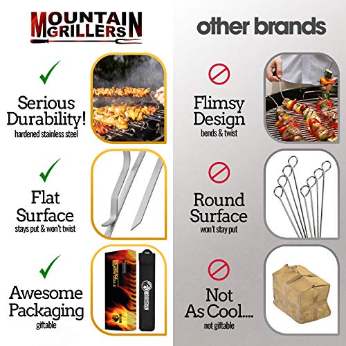BBQ Grilling Kabob Skewers - 17β Stainless Steel - Long Reusable Flat Metal - Barbecue Shish Kebab Sticks β Set of 10 w/ Handy Storage Bag