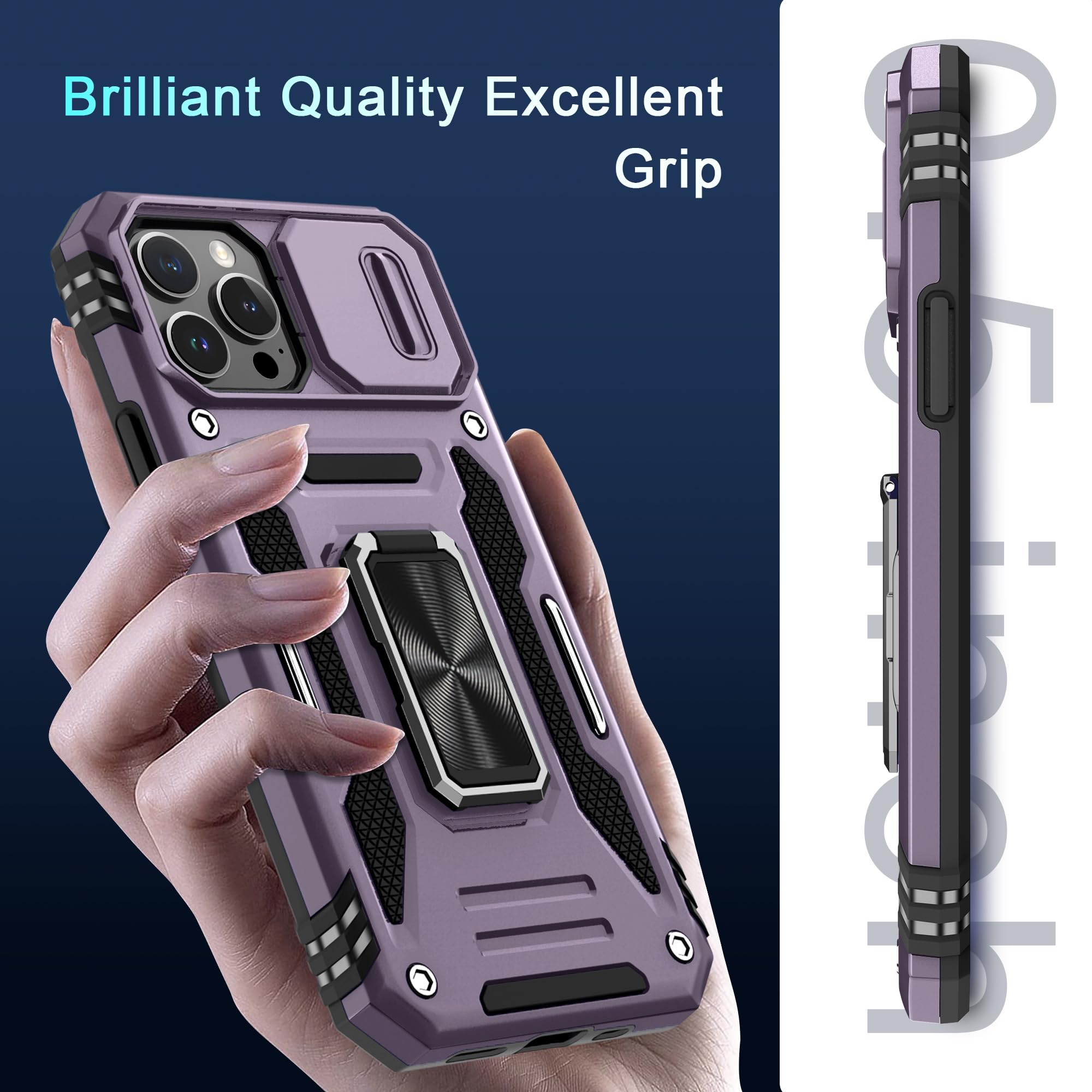 DEERLAMN Case for iPhone 13 Pro Max with Slide Camera Cover+Screen Protector(1 Pack),Rotated Ring Kickstand Military Grade Shockproof Protective Cover 6.7 Inch-Deep Purple