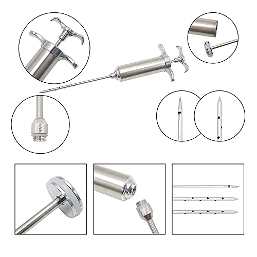 Meat Injector Syringe,Stainless Steel Injector Gun Kit with Case,2-Oz Marinade for Smoking,With 3 Professional Needles 2 Cleaning Brushes And 4 Silicone O-Rings,1Cleaning Silicone Brush (silver)