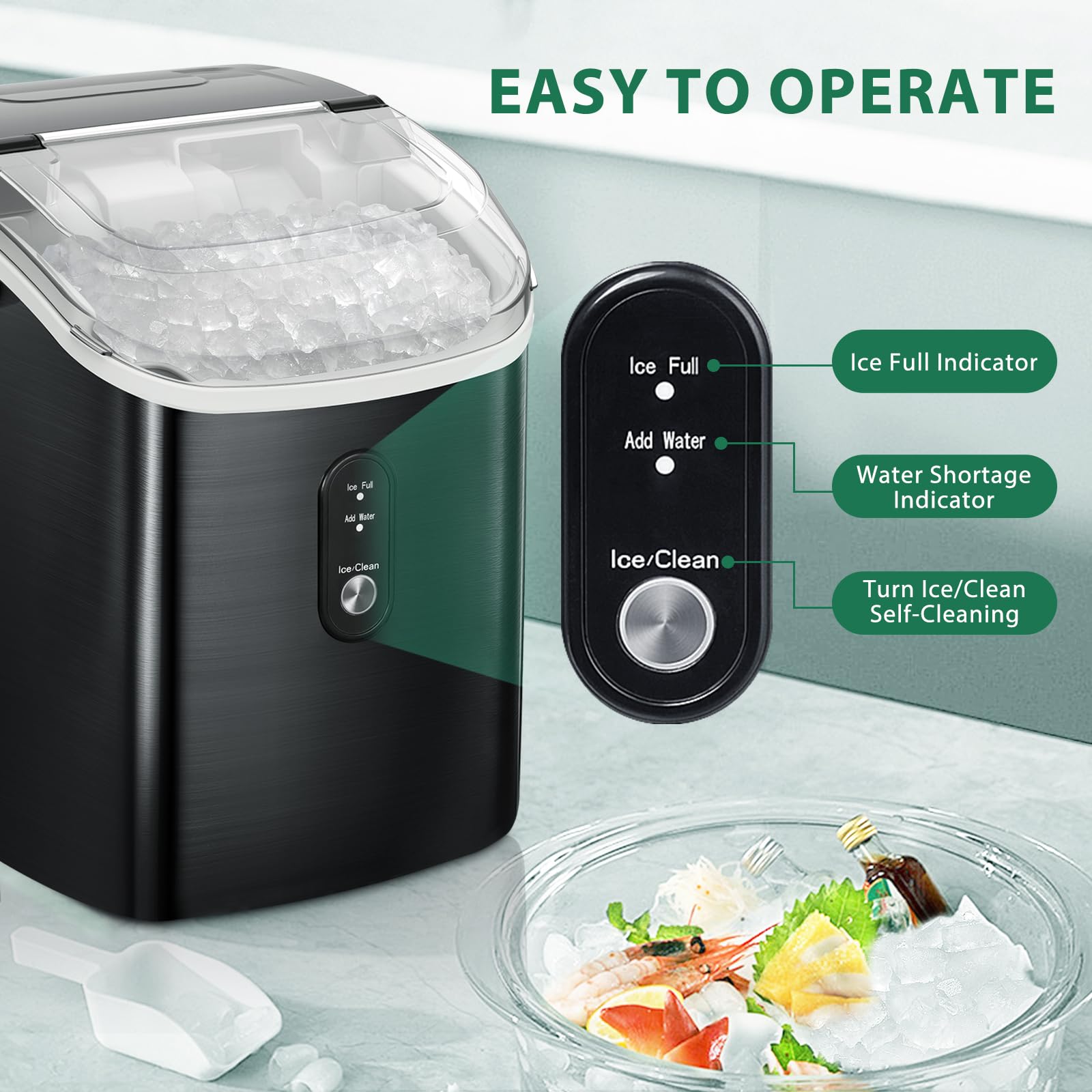Xbeauty Nugget Ice Maker Countertop Up to 35lbs of Ice a Day with Self-Cleaning,Stainless Steel,Removable Ice Basket&Scoop