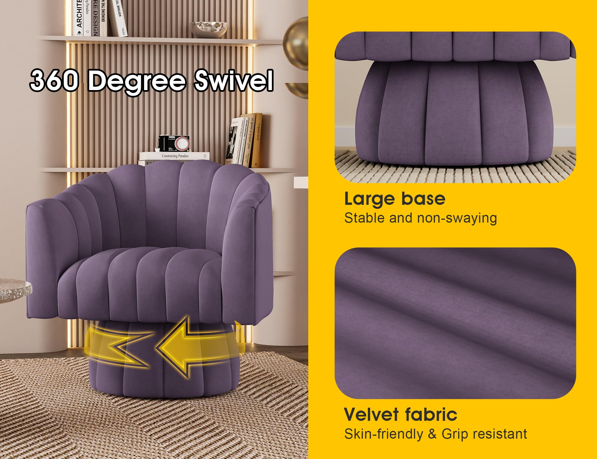 Accent Chair Mid Century 360 Degree Swivel Chair,Modern Lounge Sofa Round Barrel Chair with Wide Upholstered,Fluffy Velvet Fabric Chairs for Home Sofa Living Room/Bedroom/Waiting Room(Purple)