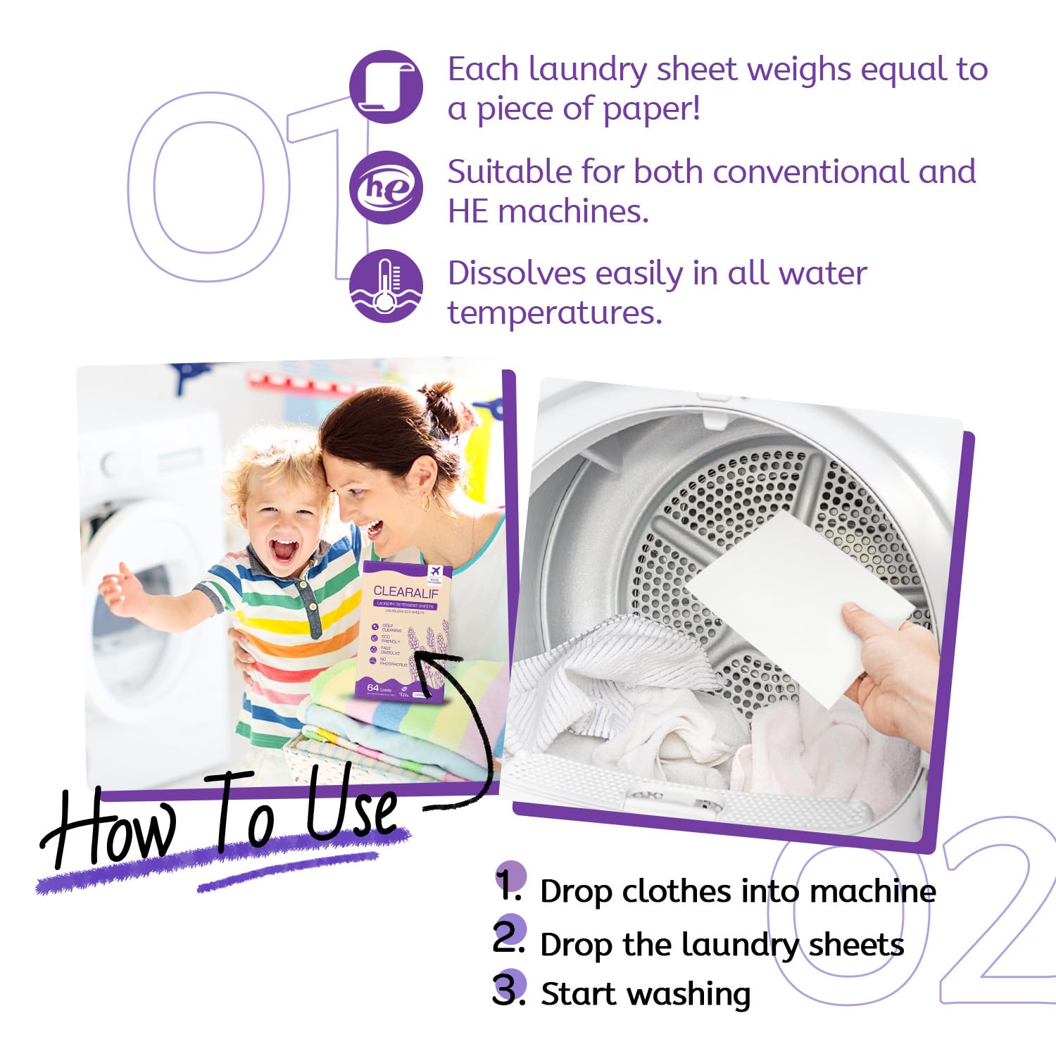 CLEARALIF Laundry Detergent Sheets, Lavender, 64 Load, CLEARALIF Laundry Detergent Strips Eco Friendly & Hypoallergenic
