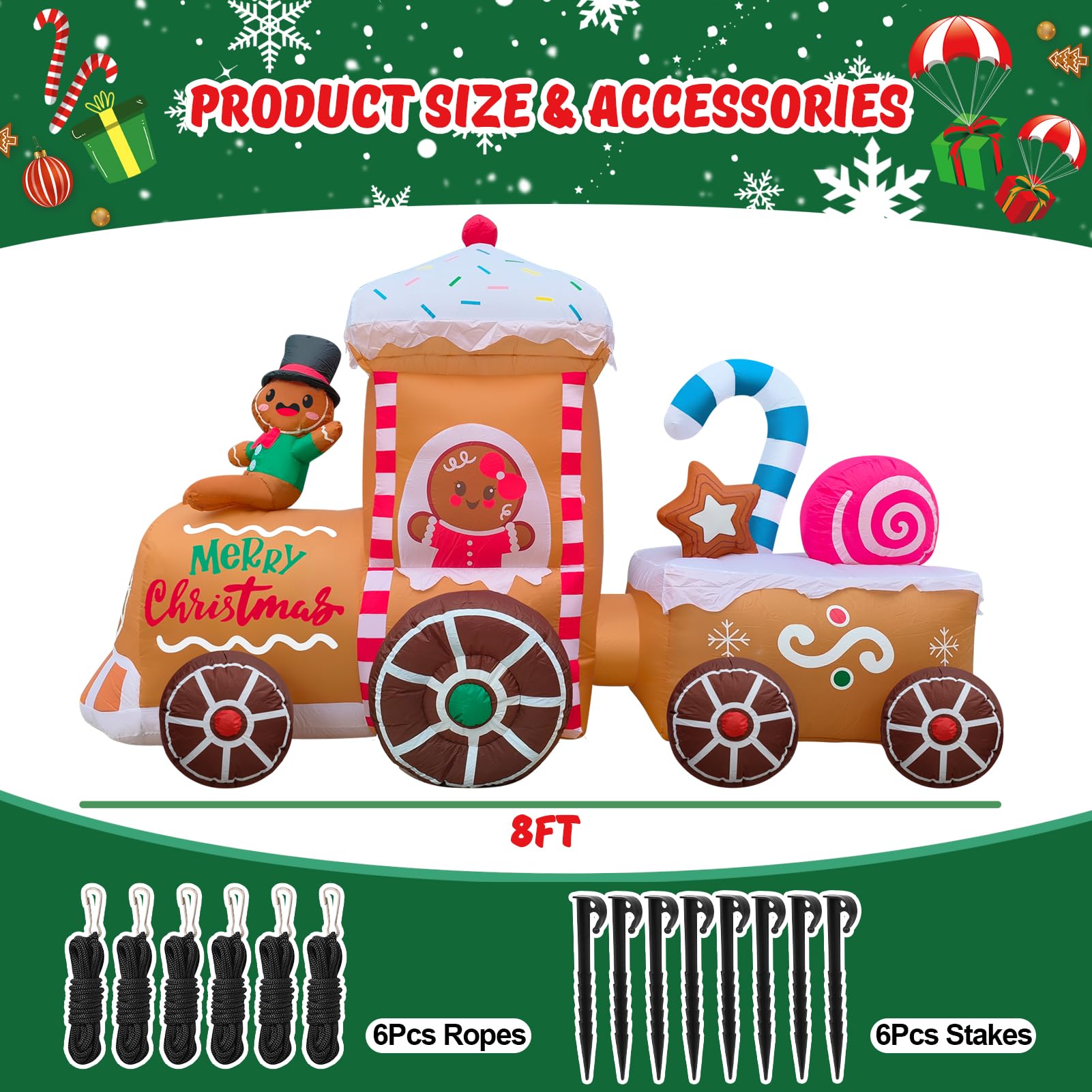 8ft Christmas Inflatable Train Decoration with LED Lights, Candy Canes, Gingerbread Men - For Outdoor