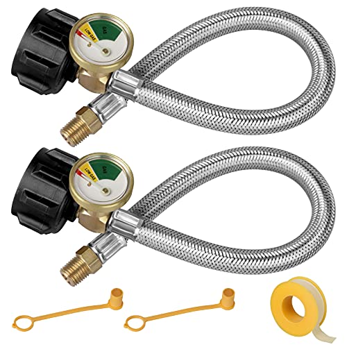 2 Pack 1/4 NPT RV Propane Pigtail Hose 12 Inch with Tank Gauge, Stainless Steel Braided Propane Tank Hose Connector for Grill, Propane Adapter Hose for QCC Standard Two Stage Regulator