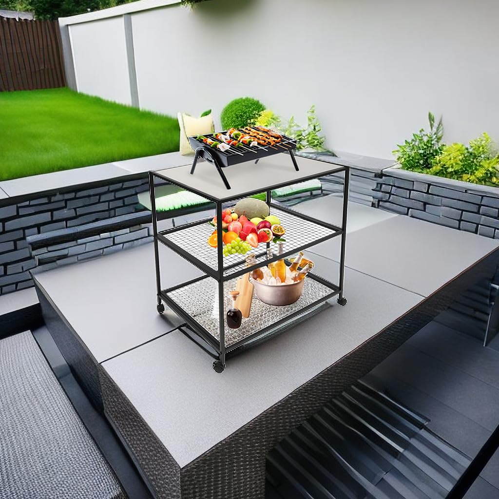 Outdoor Grill Dining Cart 3-Shelf Movable Dining Cart Adjustable Prep Cart Table Stand Storage Rack Shelves Kitchen Heavy Duty Grill Cart for Camping Lawn