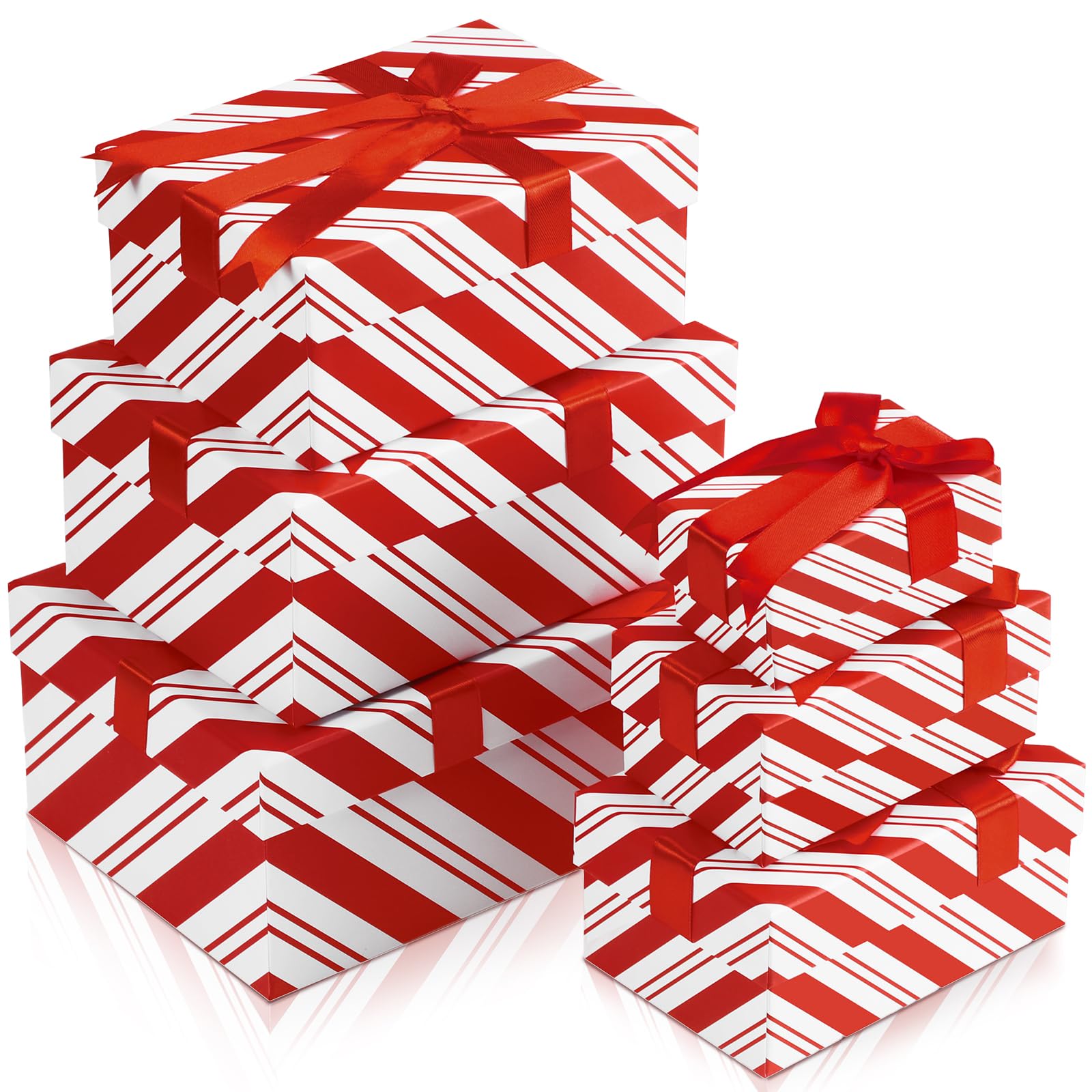 Cholemy 6 Pcs Christmas Boxes Nesting Stacked Boxes with Lids Christmas Classic Design in 6 Assorted Sizes for Christmas Giving Decorative Wrapping Present Gift(White Striped,Rectangle)