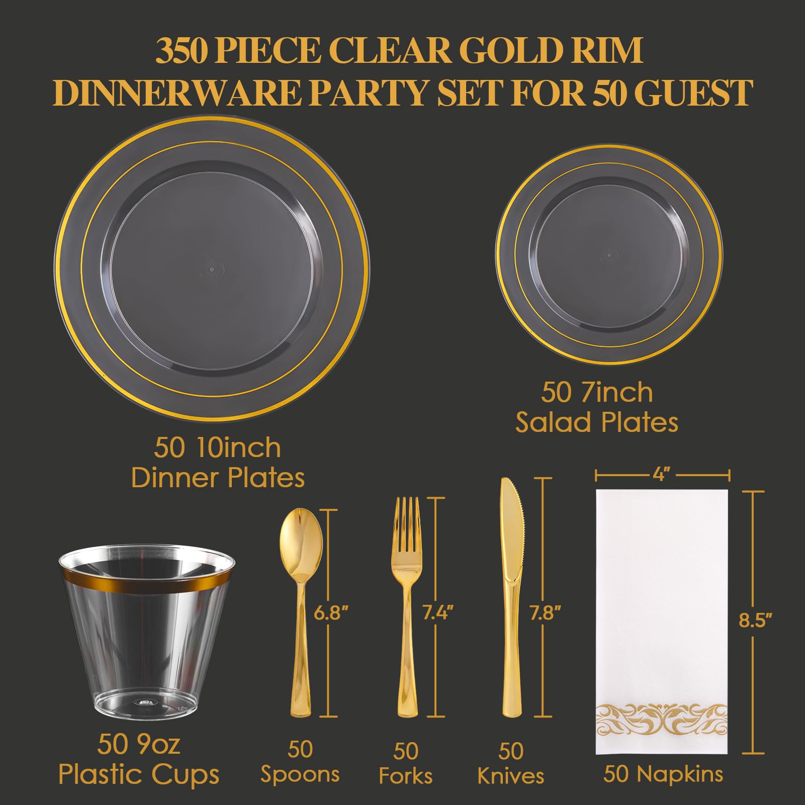 FOCUSLINE 350 Clear Gold Dinnerware Set for 50 Guests, Clear Plastic Plates with Gold Rim Disposable Heavy Duty, Including 50 Dinner Plates, 50 Dessert Plates, 50 Napkins, 50 Cups, 50 Silverware Set