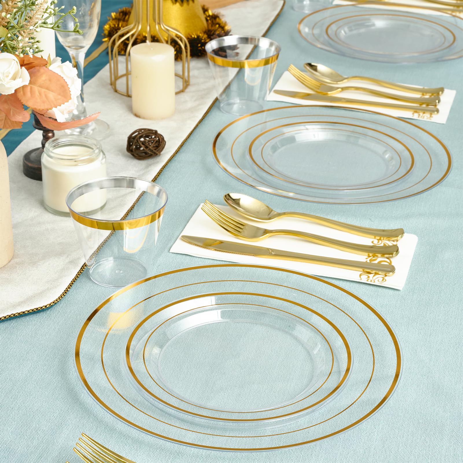 FOCUSLINE 350 Clear Gold Dinnerware Set for 50 Guests, Clear Plastic Plates with Gold Rim Disposable Heavy Duty, Including 50 Dinner Plates, 50 Dessert Plates, 50 Napkins, 50 Cups, 50 Silverware Set