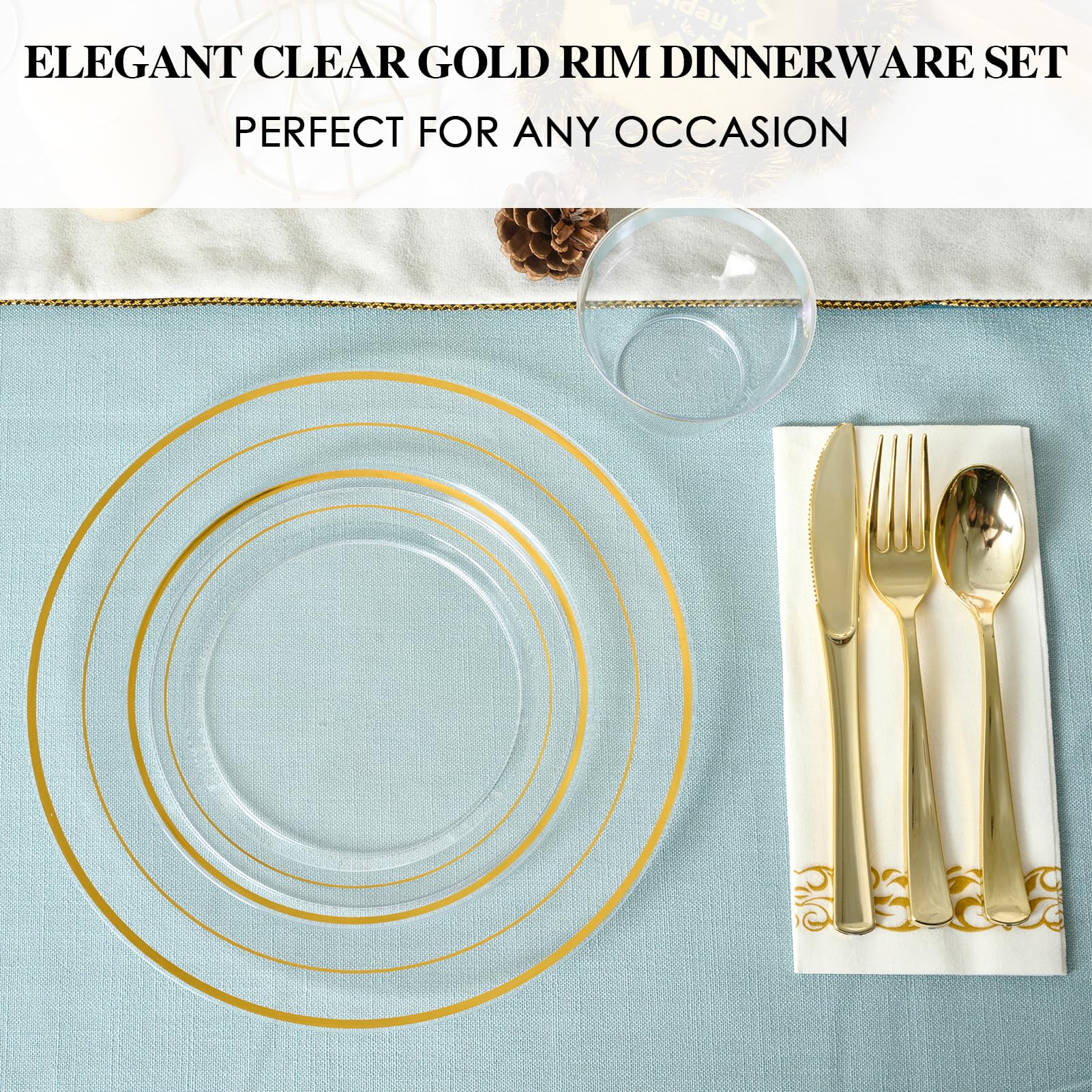 FOCUSLINE 350 Clear Gold Dinnerware Set for 50 Guests, Clear Plastic Plates with Gold Rim Disposable Heavy Duty, Including 50 Dinner Plates, 50 Dessert Plates, 50 Napkins, 50 Cups, 50 Silverware Set