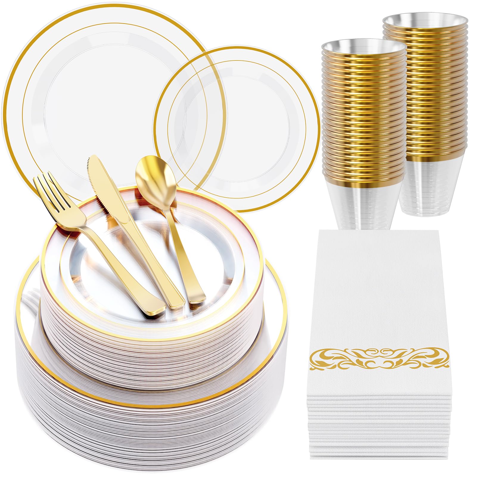 FOCUSLINE 350 Clear Gold Dinnerware Set for 50 Guests, Clear Plastic Plates with Gold Rim Disposable Heavy Duty, Including 50 Dinner Plates, 50 Dessert Plates, 50 Napkins, 50 Cups, 50 Silverware Set
