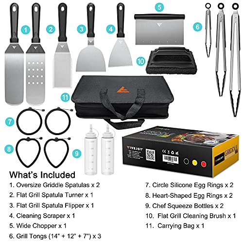 FiveJoy Griddle Accessories Kit, Flat top Grill Set for Blackstone and Camp Chef, BBQ Spatula Tools with Metal Spatula, Scraper, Egg Rings, Cleaning Kit for Camping (17 PCS)- Gift for Men, Women, Dad