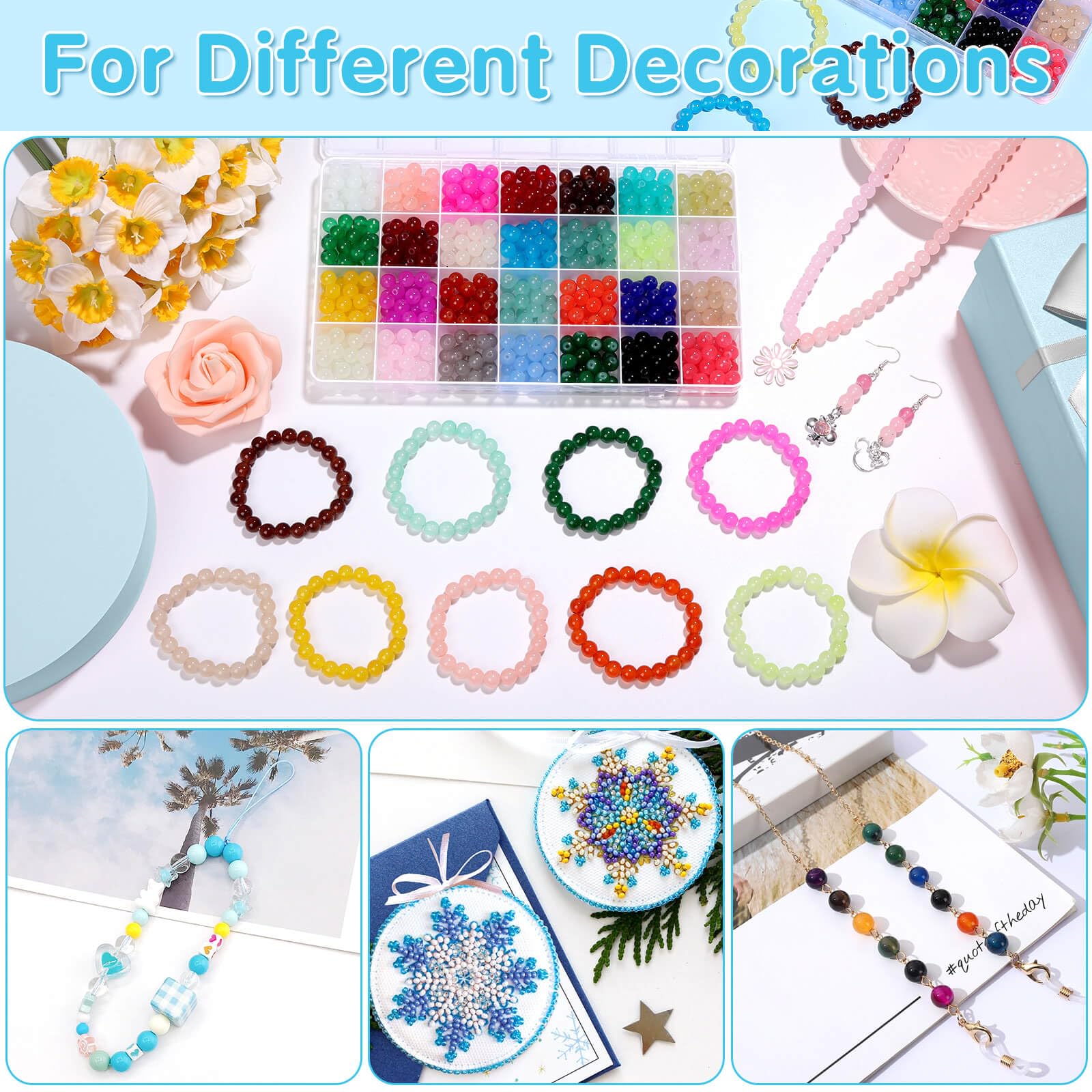 shynek 1400 Piecess 8mm Round Glass Beads for Jewelry Making, 28 Colors Crystal Beads for Bracelets Jewelry Making and DIY Crafts