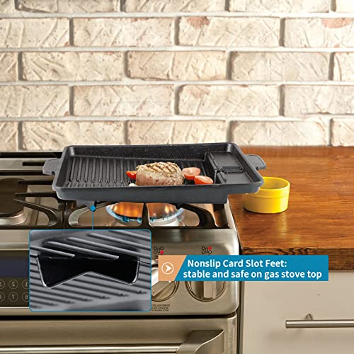 Sanbege BBQ Grill Pan with Nonstick Maifan Stone Coating and Oil Drain, 12.2" Smokeless Griddle Plate for Gas Stove, Indoor or Outdoor Open Flame Grilling (Rectangular)