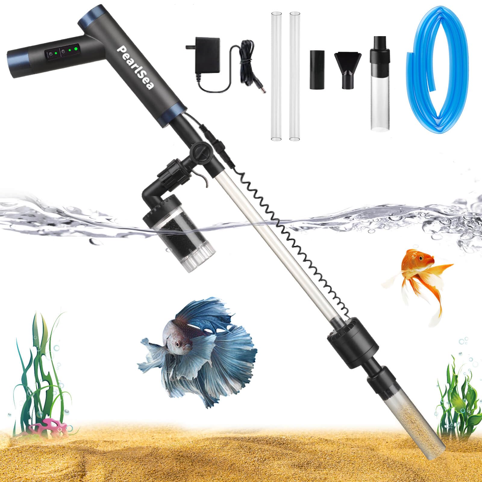 PearlSea Electric Aquarium Gravel Cleaner: 6 in 1 Electric Fish Tank Vacuum Gravel Cleaner for Automatic Water Changer Wash Sand Water Filter Circulation Remove Dirt Adjustable Water Flow (8W, 105GPH)