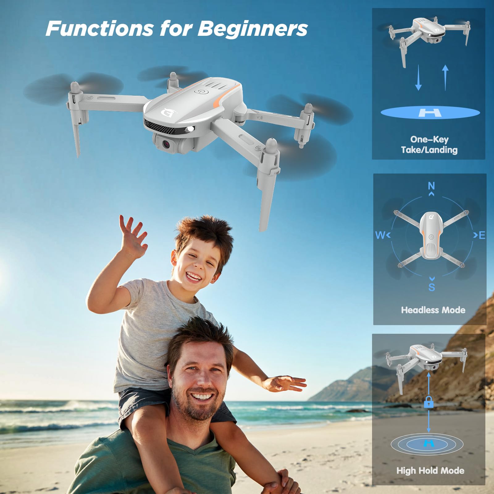 Ficinto 1080P FPV Foldable Quadcopter Drone with Camera - For Adults, Kids, Beginners - 3D Flips, Altitude Hold, Headless Mode, 2 Batteries