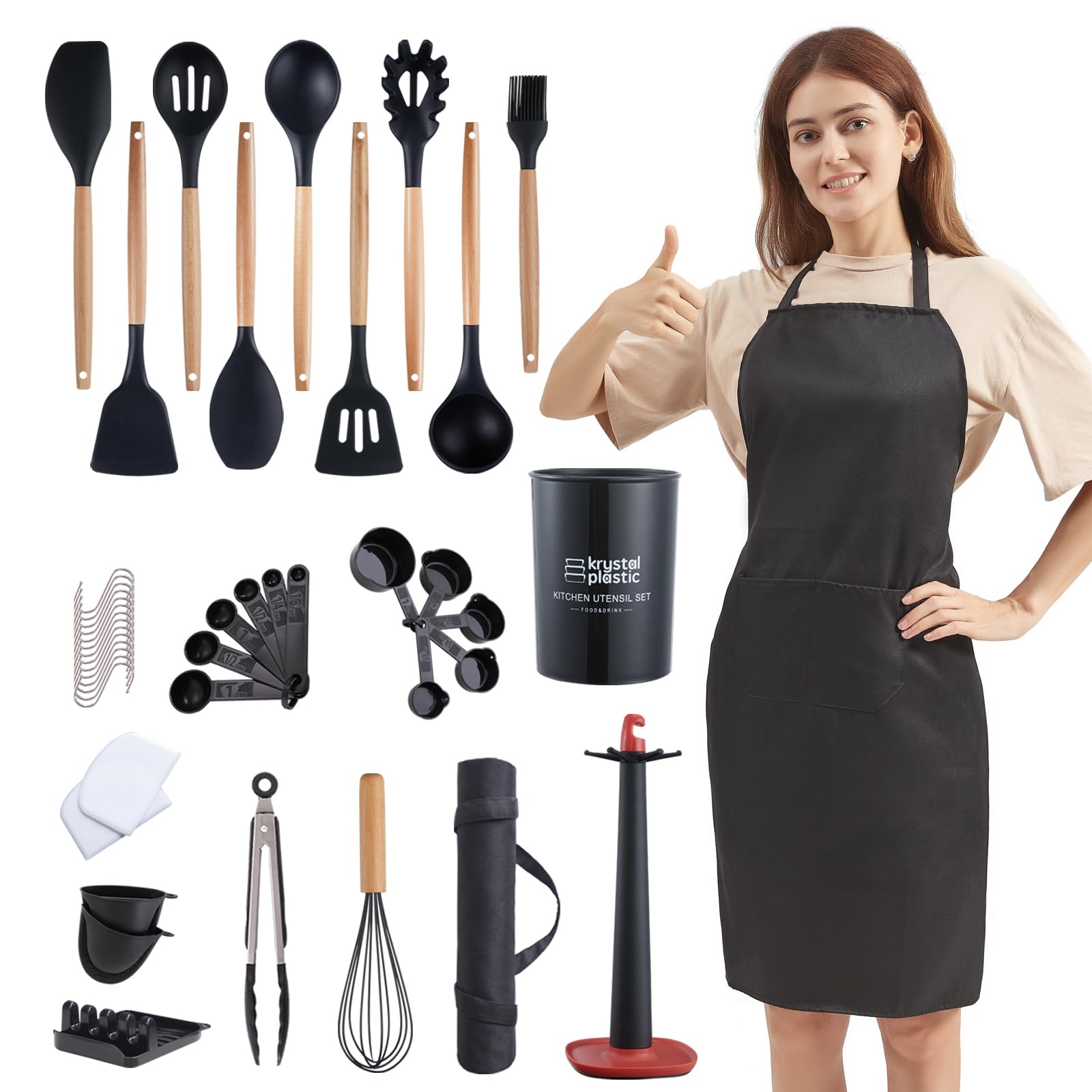 40 Pcs Cooking Utensils Set with Apron Silicone Turner Tong Spatula Spoon Kitchenware Organizer, BPA Free, Non-stick Heat Resistant Kitchen Gadgets Cookware with Natural Wooden Handle, Black