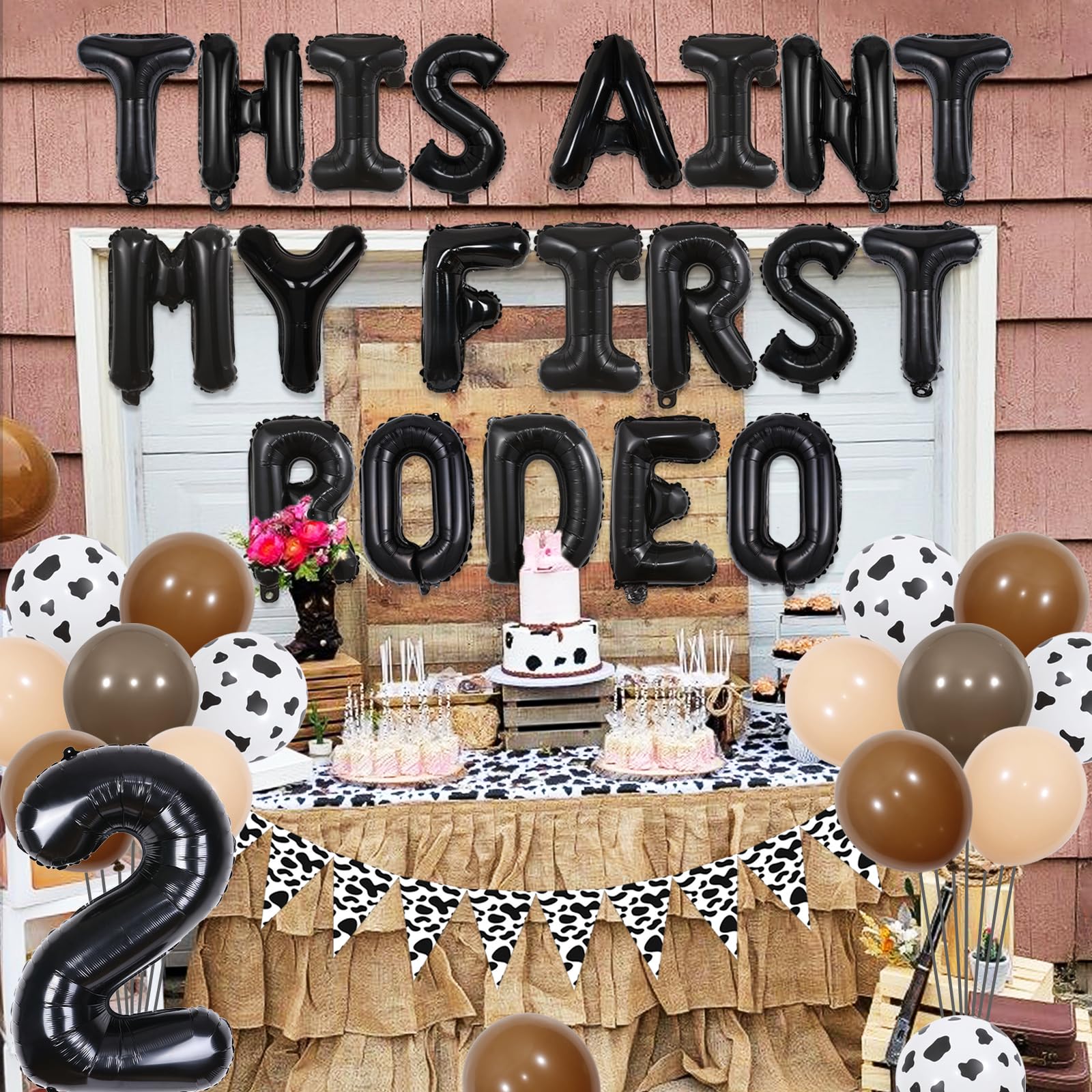 Wonmelody 23pc Western Cowboy 2nd Birthday Decorations: This Aint My First Rodeo Balloon Set - Black, Number 2, Horse, Cow Pennant - Girls, 2nd Birthday