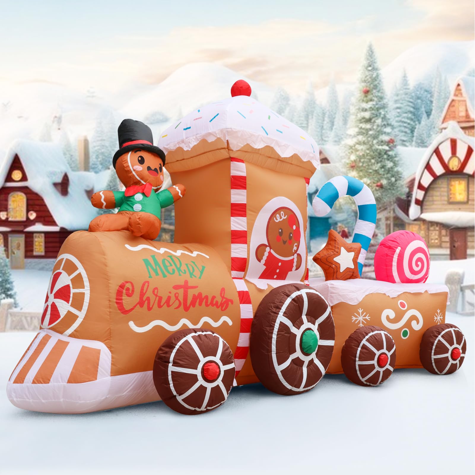 8ft Christmas Inflatable Train Decoration with LED Lights, Candy Canes, Gingerbread Men - For Outdoor