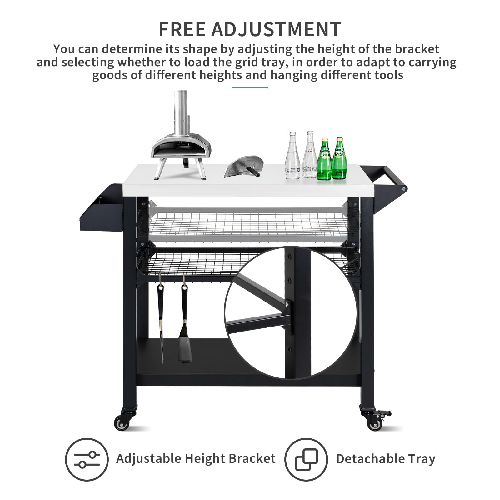 Polar Aurora Three-Shelf Movable Outdoor Grill Cart Pizza Oven Stand, Multifunctional Kitchen Food Prep Table with Drawer, Stainless Steel Desktop Dining Worktable on 4 Wheels & Seasoning Tray