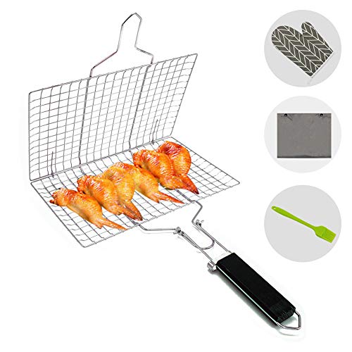 Fish Grill Basket, Fish Basket Non-stick Stainless Steel Foldable Nets Portable with Removable Handle Easy-to-flip for Steaks Seafood Vegetables Outdoor Barbecue