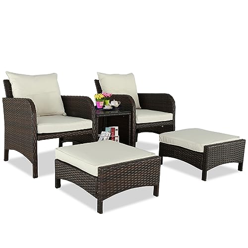 Do4U 5 Pieces Classic Blue Large Rectangular Wicker Conversation Set with PE Rattan and Glass Coffee Table for Patio, Backyard, Pool (Beige)