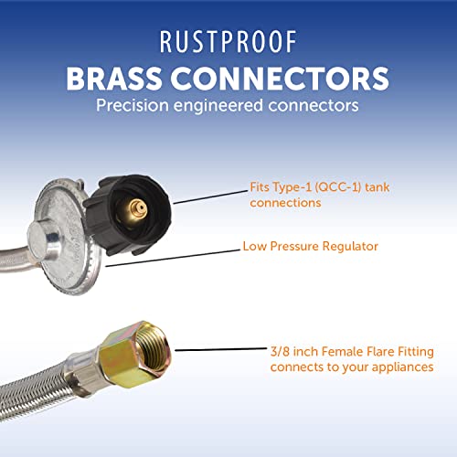 Flame King SS-QCC-3/8 5-FT Universal QCC1 Low-Pressure Propane Regulator with Stainless Steel Braided Hose for Most LP Gas Grills, Heaters, and Fire Pit Tables, 3/8" Female Flare Nut, Steel