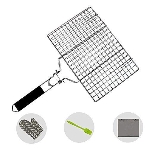 Fish Grill Basket, Fish Basket Non-stick Stainless Steel Foldable Nets Portable with Removable Handle Easy-to-flip for Steaks Seafood Vegetables Outdoor Barbecue