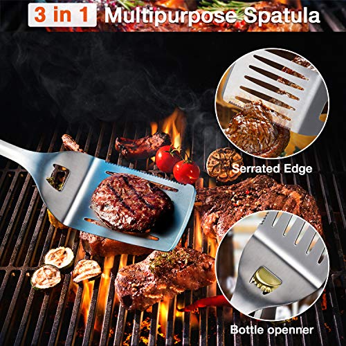 NEARPOW Heavy Duty BBQ Grill Tools Set, 18” Long Handle Grill Utensils Kit, Tongs Spatula Fork Basting Brush Cleaning Brush, Stainless Steel Barbecue Accessories Gift for Men Grilling Cooking Camping