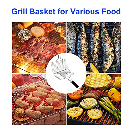 Fish Grill Basket, Fish Basket Non-stick Stainless Steel Foldable Nets Portable with Removable Handle Easy-to-flip for Steaks Seafood Vegetables Outdoor Barbecue