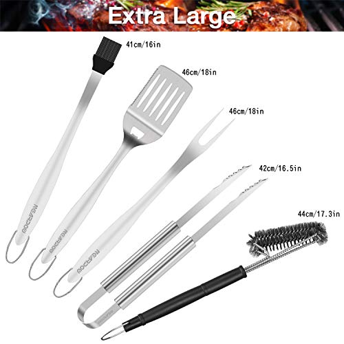 NEARPOW Heavy Duty BBQ Grill Tools Set, 18” Long Handle Grill Utensils Kit, Tongs Spatula Fork Basting Brush Cleaning Brush, Stainless Steel Barbecue Accessories Gift for Men Grilling Cooking Camping