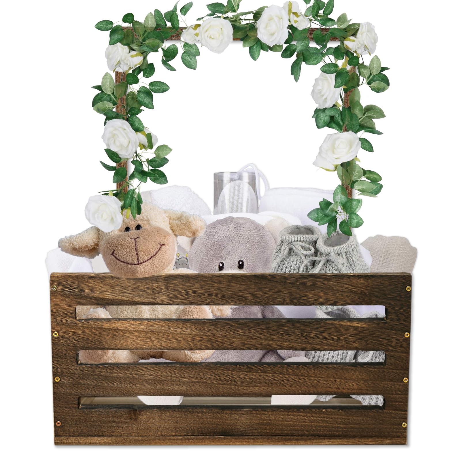 Baby Shower Crate Closet, Large Wooden Baby Basket with Handle, Baby Storage Crate Hamper, Baby Shower Gifts Crate, New Born Baby Gifts Basket for Boys Girls, Pregnancy Gifts for New Parents(Brown)