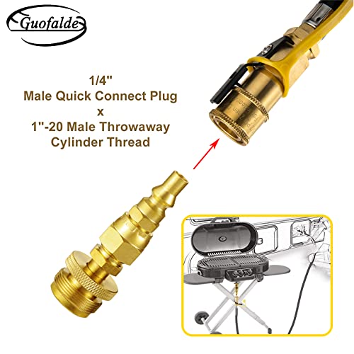 GUOFALDE 1Lb Propane Disposal Adapter Fitting with 1/4" Quick Connect Disconnect Plug,with 1/4’’ Male 1" x 20 Male Throwaway Cylinder Thread, for Convert Portable BBQ Grill, Bubby Heater