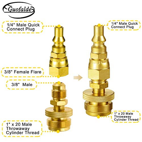 GUOFALDE 1Lb Propane Disposal Adapter Fitting with 1/4" Quick Connect Disconnect Plug,with 1/4’’ Male 1" x 20 Male Throwaway Cylinder Thread, for Convert Portable BBQ Grill, Bubby Heater