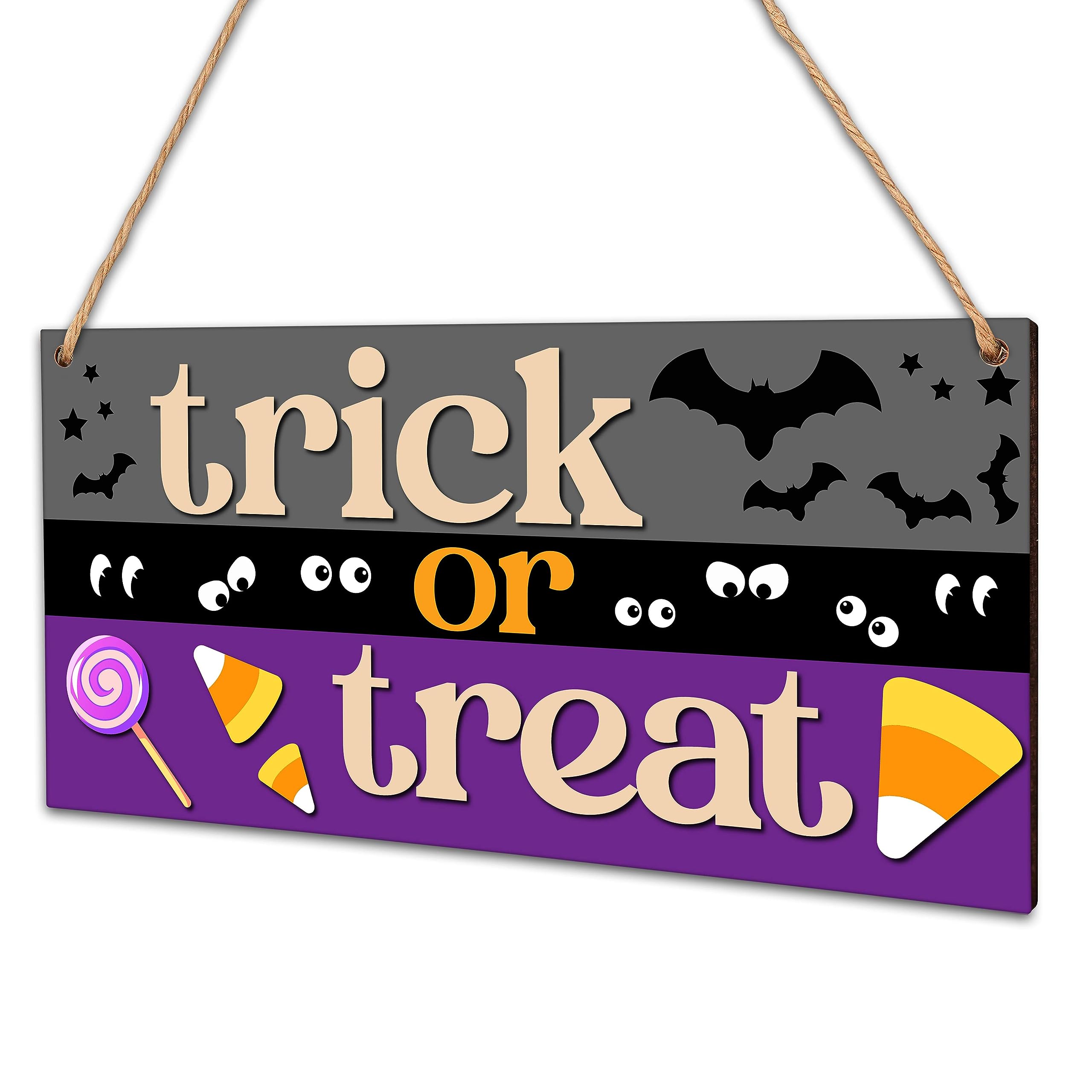 Trick or Treat Wooden Welcome Sign for Front Door, Halloween Porch Decor Wall Art Hanging Sign, Halloween Party Home Decorations Supplies-5"x10" -WSB01
