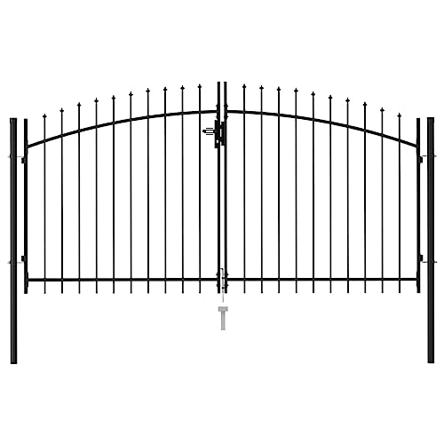 loibinfen Double Door Fence Gate with Spike Top, Garden Fence Gate Double Door Metal Steel Outdoor Fencing for Yard Driveway, Steel 9.8'x4.9' Black